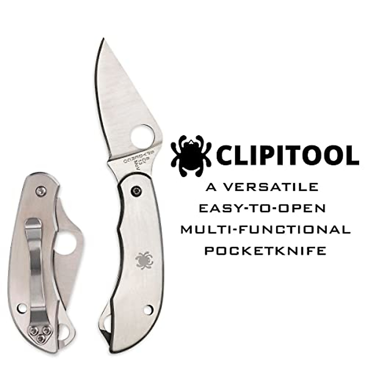 Spyderco ClipiTool Folding Utility Knife with Stainless Steel Handle Plain and Serrated Edge, Full-Flat, 8Cr13MoV Steel Blade and SlipJoint System - C176P&S