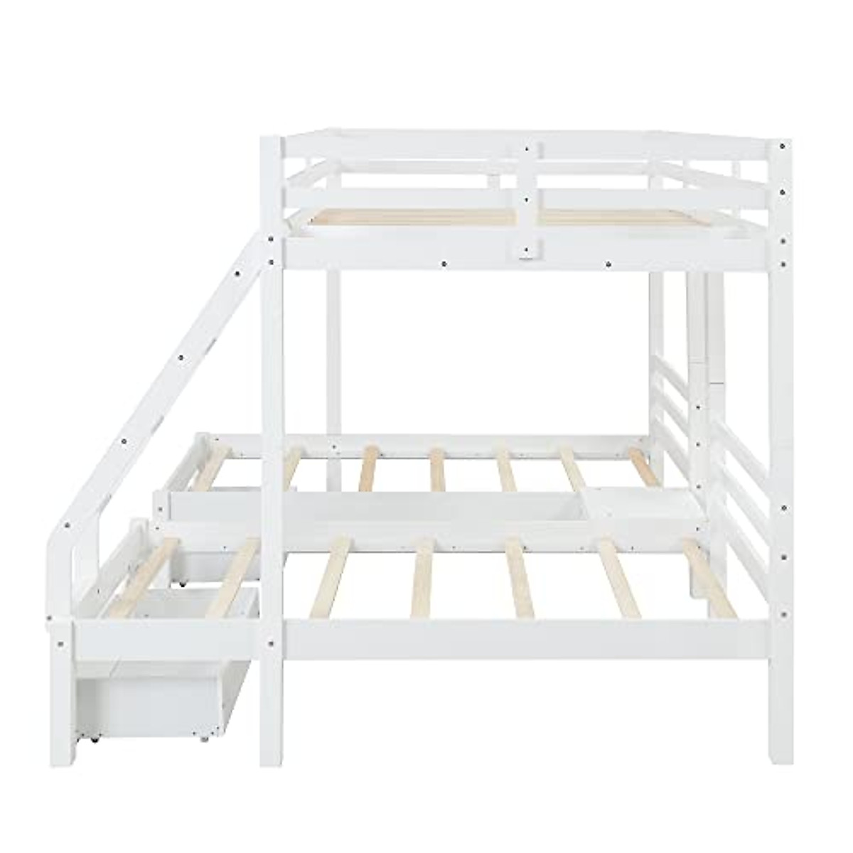 Triple Bunk Bed for Kids Teens,Can Be Separated Into 3 Full Over Twin & Twin Bunked Bedframe with Storage Drawer and Guardrails Wood for Living Room Bedroom,White
