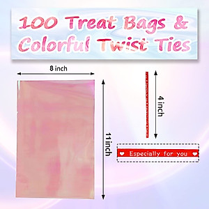 Ctoiotc Cellophane Bags,Cellophane Treat Bags, Iridescent Holographic Candy Bags, Clear Goodie Bags with 5 Colors Pieces Twist Ties for Birthday Party Favors, Easter, Weddings