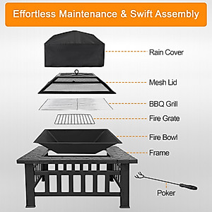 F2C 32 inch Outdoor Fire Pit Square Fireplace Metal Wood Burning Stove w/Waterproof Cover Poker, Patio Backyard Travel Camping BBQ Wood Burning