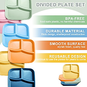 Dandat 12 Set Unbreakable Divided Plates 10 Inch Colorful Square Reusable Portion Control Plates Wheat Straw Lunch Trays Microwave Dishwasher Safe Trays for Kids Toddler Adults Picnic Supplies