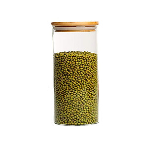 Glass Food Storage Jar with Natural Wood Lid - Coffee Bean & Kitchen Container for Tea Dry Fruit Nuts Candy Seasoning Spaghetti Clear Sealing size 750ML/25.4oz