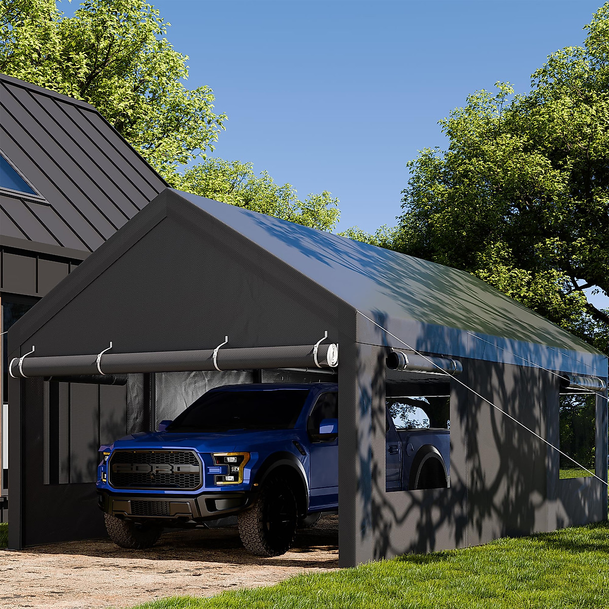 JAMFLY Carport, 12x20 ft Heavy Duty Carport Canopy with Roll-up Windows, Portable Garage with Removable Sidewalls & Doors, Car Canopy with All-Season Tarp for Car, Truck, Boat
