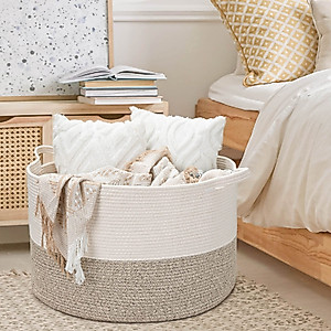 Vazpalas Extra Large Storage Basket-83L Rope Blanket Basket in Living Room, Jumbo Laundry Basket Baby Toy Basket with Large Handles, Bedroom Pillow Basket Clothes Laundry Hamper, 21.8" x 21.8" x 13.8"