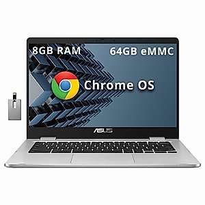 ASUS C423NA Chromebook 14" HD Laptop, Intel Celeron N3350 Processor, 8GB RAM, 64GB eMMC Flash Memory, Intel HD Graphics, HD Webcam, Stereo Speakers, Chrome OS, Silver (Renewed)