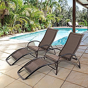 Crestlive Products Aluminum Outdoor Folding Reclining Rocking Chaise Lounge Chair, Adjustable Portable Sun Tanning Lounger, All Weather in Brown Finish for Lawn, Patio, Deck, Poolside (2 PCS Brown)