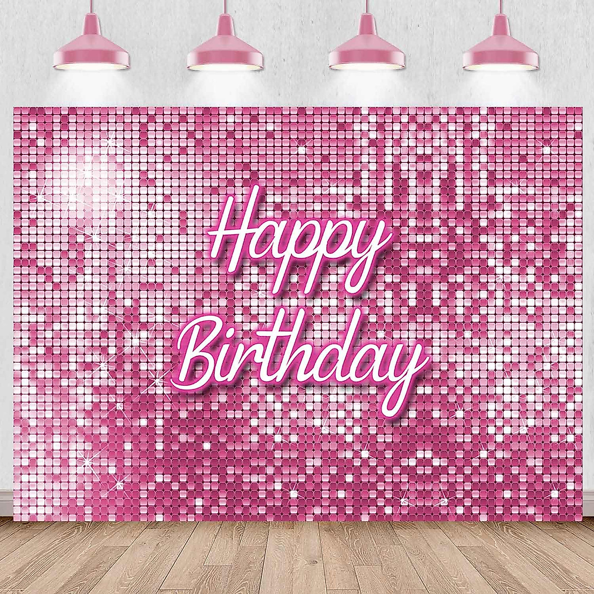 Ayayiya Pink Flash Square Birthday Backdrop Shining Sequins Shimmer Panels Wall Photography Background Princess Girl Sweet 16 18th Birthday Women 21st 30th 40th Birthday Decorations Photo Booth 7x5ft