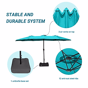 Bigroof 15ft x 9ft Patio Double-Sided Umbrella with Base & Crank, Extra Large Rectangular Outdoor Umbrella for Patio, Lawn & Garden, Beige (Turquoise)