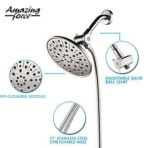 AMAZING FORCE Rainfall Shower Head Combo, Shower Wand,High Pressure Shower Head and 3-Setting Handheld Shower Head with Anti-Clogging Nozzles and Adjustable Solid Ball Joint 1.8 GPM