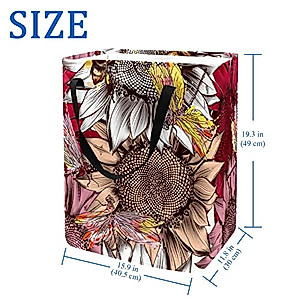 Dragonflies and Bee on Sunflower Print Collapsible Laundry Hamper, 60L Waterproof Laundry Baskets Washing Bin Clothes Toys Storage for Dorm Bathroom Bedroom