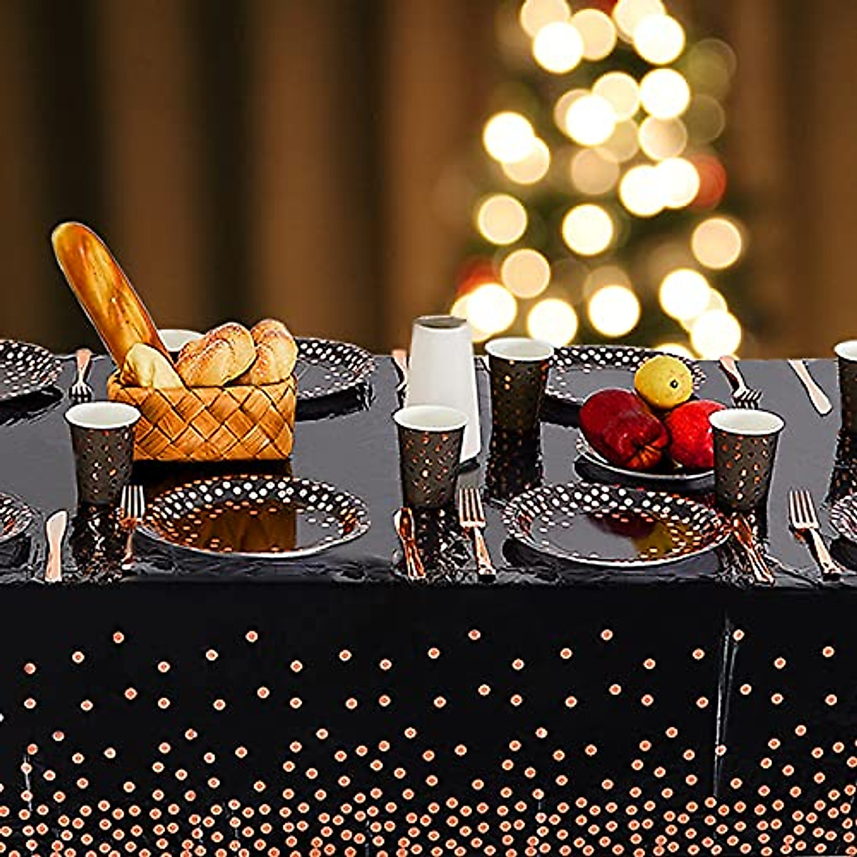 vannyster Black 4 Pack 54x108 Inch Disposable Plastic Tablecloths, Rose Gold Dot Confetti Table Covers for Party Supplies