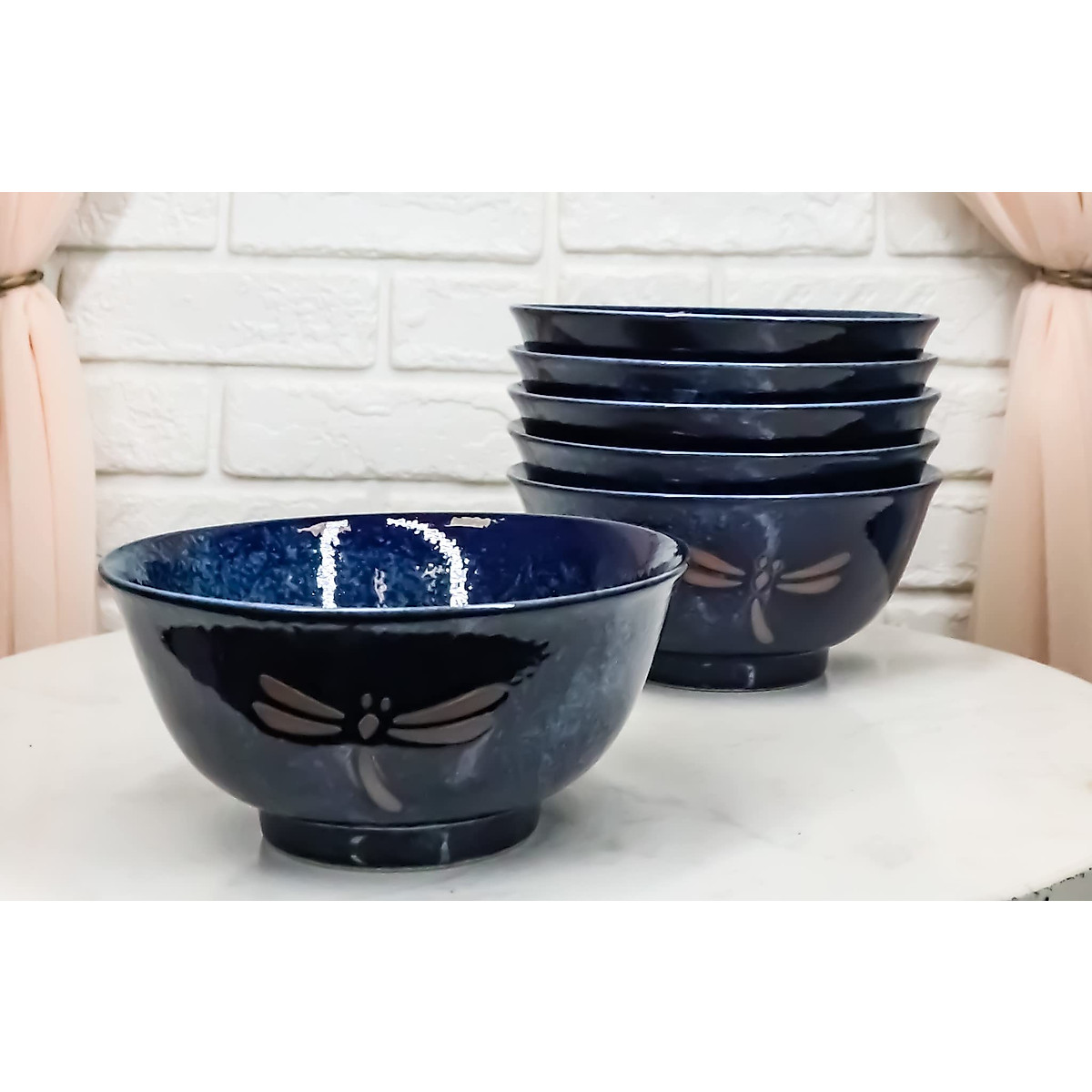Ebros Gift Made in Japan Blue Tombo Dragonfly Design Ochawan Rice Soup Porcelain Bowls Set of 6 Home Decor Japanese Zen Fusion Asian Living Accent Housewarming Birthday Gifts Bowl Set