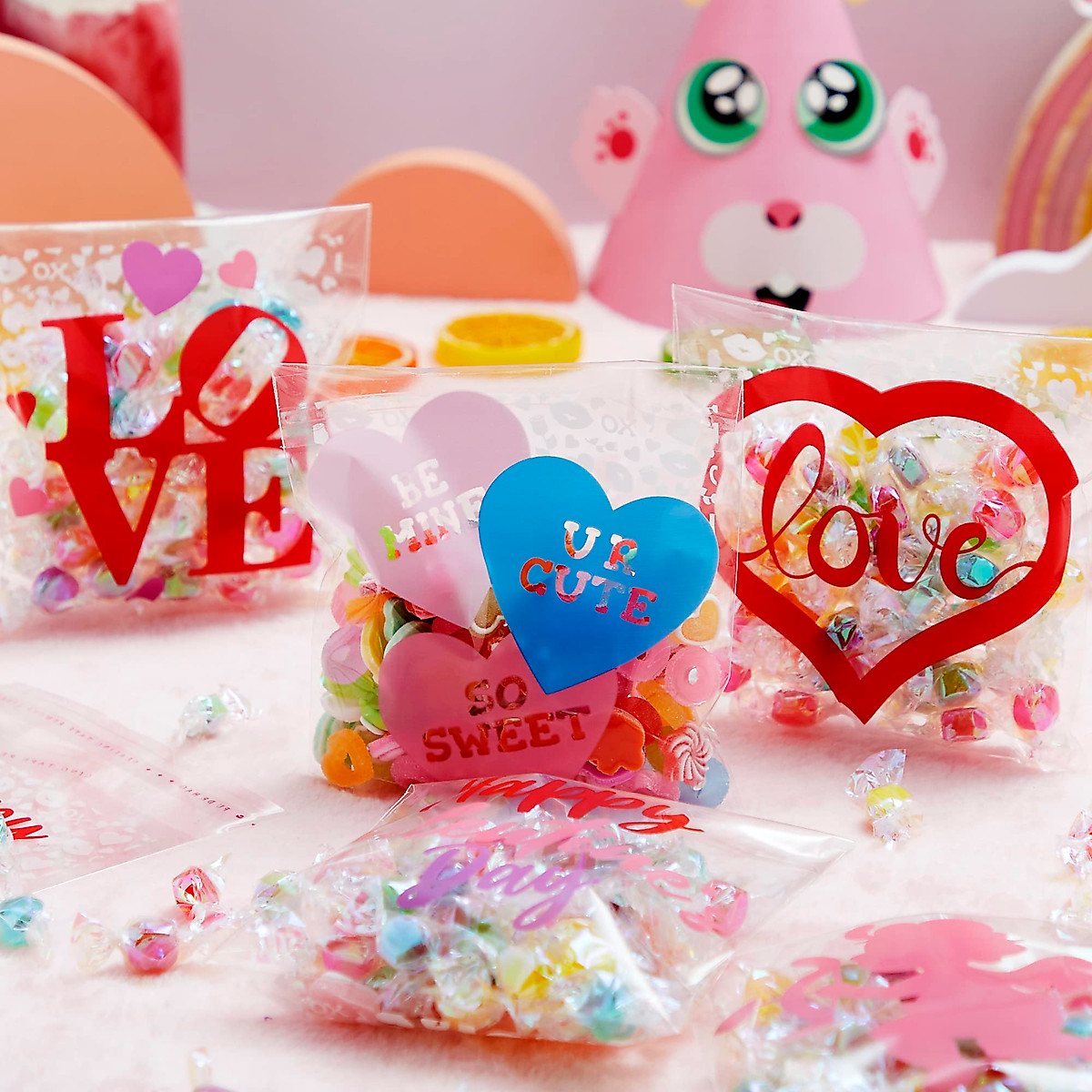 JOYIN 150 Pcs Valentine Cellophane Gift Bags Square Cellophane Candy Bags Valentine Goodies Bags in 6 Designs for Kids Valentine's Day Party Favor Supplies