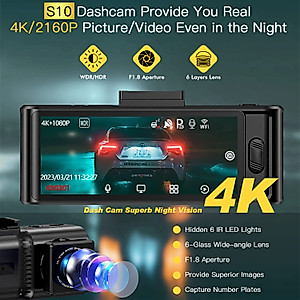 4K Dash Cam Front and Rear WiFi, Dash Cam 2160P 30fps Dash Camera for Cars W/GPS APP Car Camera W/Free 64GB Card, Dashcam W/Night Vision 24hrs Parking Mode G-Sensor Loop Recording WDR