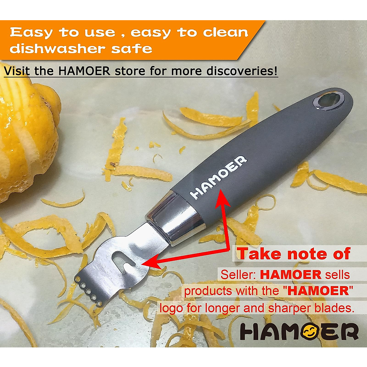 HAMOER Lemon Citrus Zester Tool Cheese Grater for kitchenaid-Multipurpose grooved channel knife scraper,Stainless steel blade and ergonomically designed curved handle