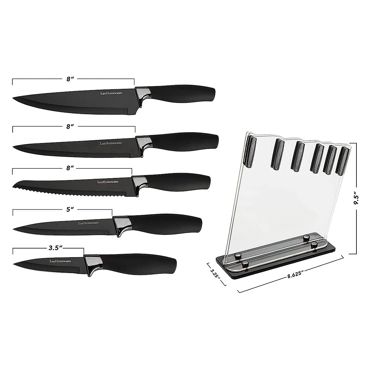 Luxhomewares 6 Piece Knife Set | 5 Beautiful Black Titanium Knives with Block Sharp Kitchen Sets Multiple Size, All Purpose 8 inch Chef, Bread, & Carving Utility Paring