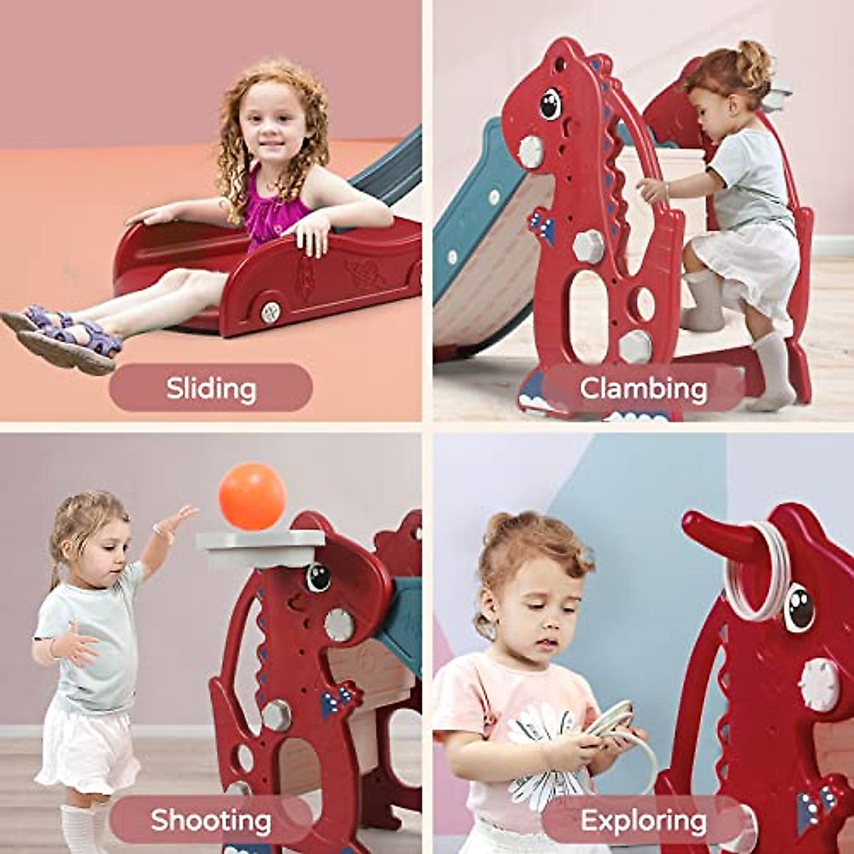 Sephyroth Kid Slide for Toddler Age 1-3 Indoor Plastic Slide Outdoor Playground Climber Slide Playset with Basketball Hoop & Ring Game (Dinosaur Red)