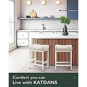 KATDANS Bar Stools Set of 2, 24" Counter Height Saddle Bar Stools, Upholstered PU Leather Bar Stools for Kitchen Island, Mid Century Modern Backless Barstools with Metal Base, KS861P-Cream, 2Pcs
