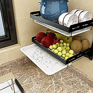 Supfirm Wall Mounted Stainless Steel Dish Drying Rack Fruit Vegetable Storage Basket with Drainboard and Hanging Chopsticks Cage Knife Holder Kitchen Supplies Shelf Utensils Organizer (3-Tier)