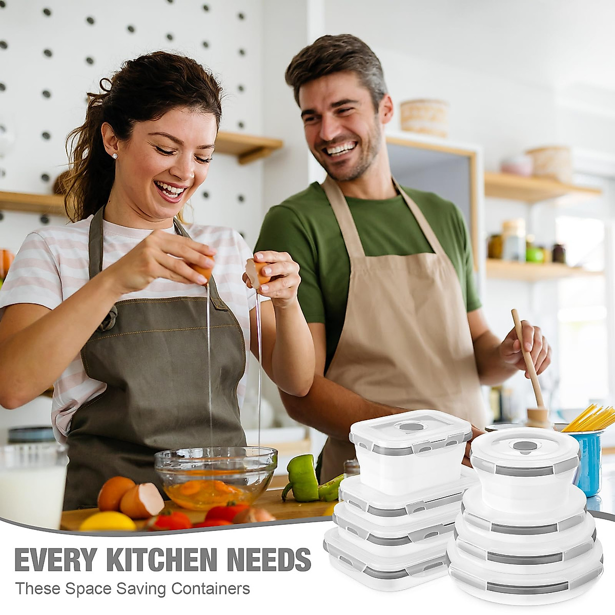 Dandat 12 Silicone Collapsible Food Storage Containers Foldable Silicone Lunch Container 6 Rectangle and 6 Round Airtight Collapsible Bowl with Lid Set for Kitchen Microwave (Translucence Gray)