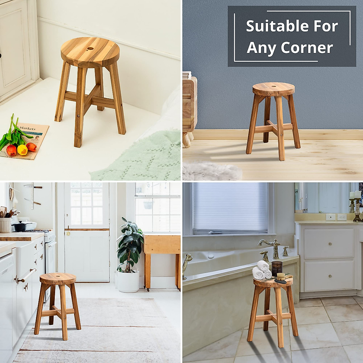 Acacia Wooden Stool Round Top Chairs. Sub-Stool for Kitchen Living Room. Strong Weight Capacity Upto 350 LBS, Natural Color
