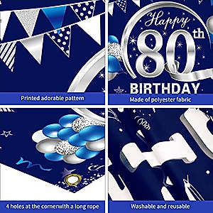 Kauayurk Blue Silver 80th Birthday Banner Decorations for Men - Happy 80 Birthday Backdrop Party Supplies - Eighty Birthday Poster Photo Props Background Sign Decor