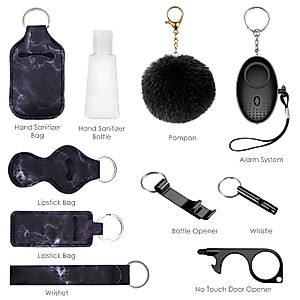 AMIR Safety Keychain Set for Women with Personal Safety Alarm, No Touch Door Opener, Whistle & Pompom - Safety Keychain Accessories 10 Pcs Set for Girls & Kids, Black