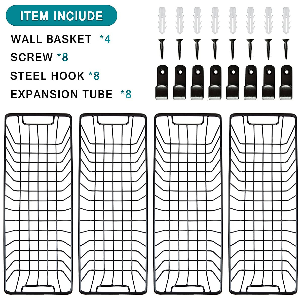 Farmhouse Metal Wire Bin Basket with Wall Mount - Small, 4 Pack - Portable Hanging Wall Basket, Rustic Home Storage Organizer for Cabinets, Pantry, Closets, Bathroom, Kitchen,Bedroom(Black)