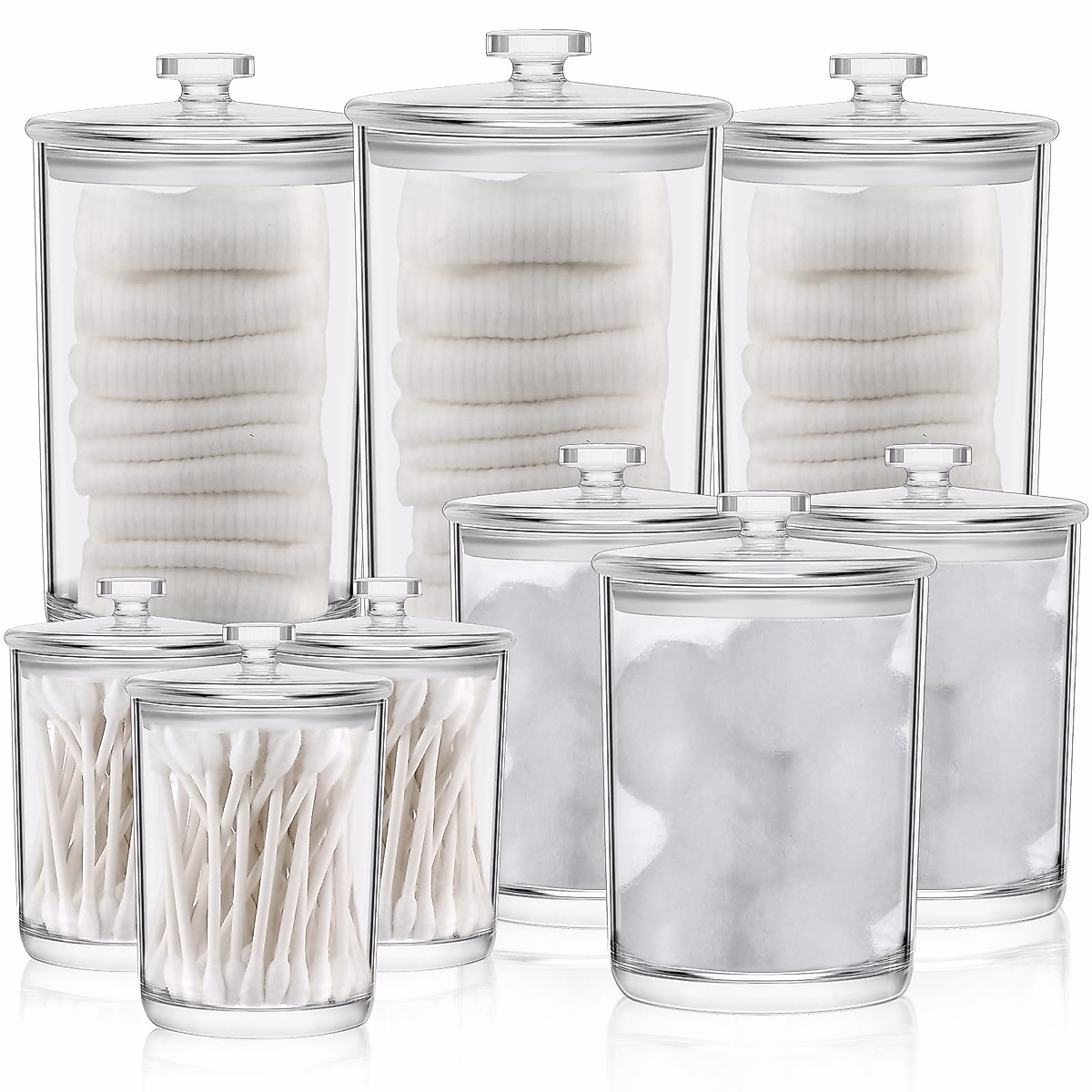 Ziliny 9 Pack Acrylic Apothecary Jars with Lids Plastic Holder Dispenser for Cotton Ball, 12/32/42 oz Clear Round Storage Container Organizer Accessories for Cotton Swab Floss Kitchen Bathroom Vanity