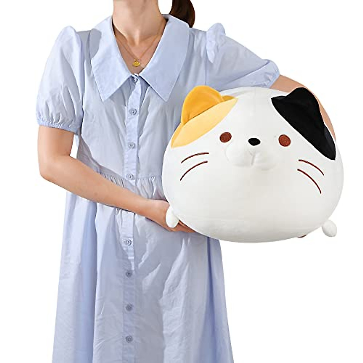AIXINI 13.7 inch Cute Cat Plush Pillow Stuffed Squishy Animal Cylindrical Body Pillow, Super Soft Fat Cat Chubby Kitten Kawaii Pillow-White