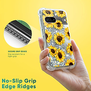 Miss Arts for Pixel 7 Case,Girls Women Flowing Liquid Holographic Holo Glitter Shock Proof Case with Floral Design Bling Diamond Bumper for Google Pixel 7 -Sunflower