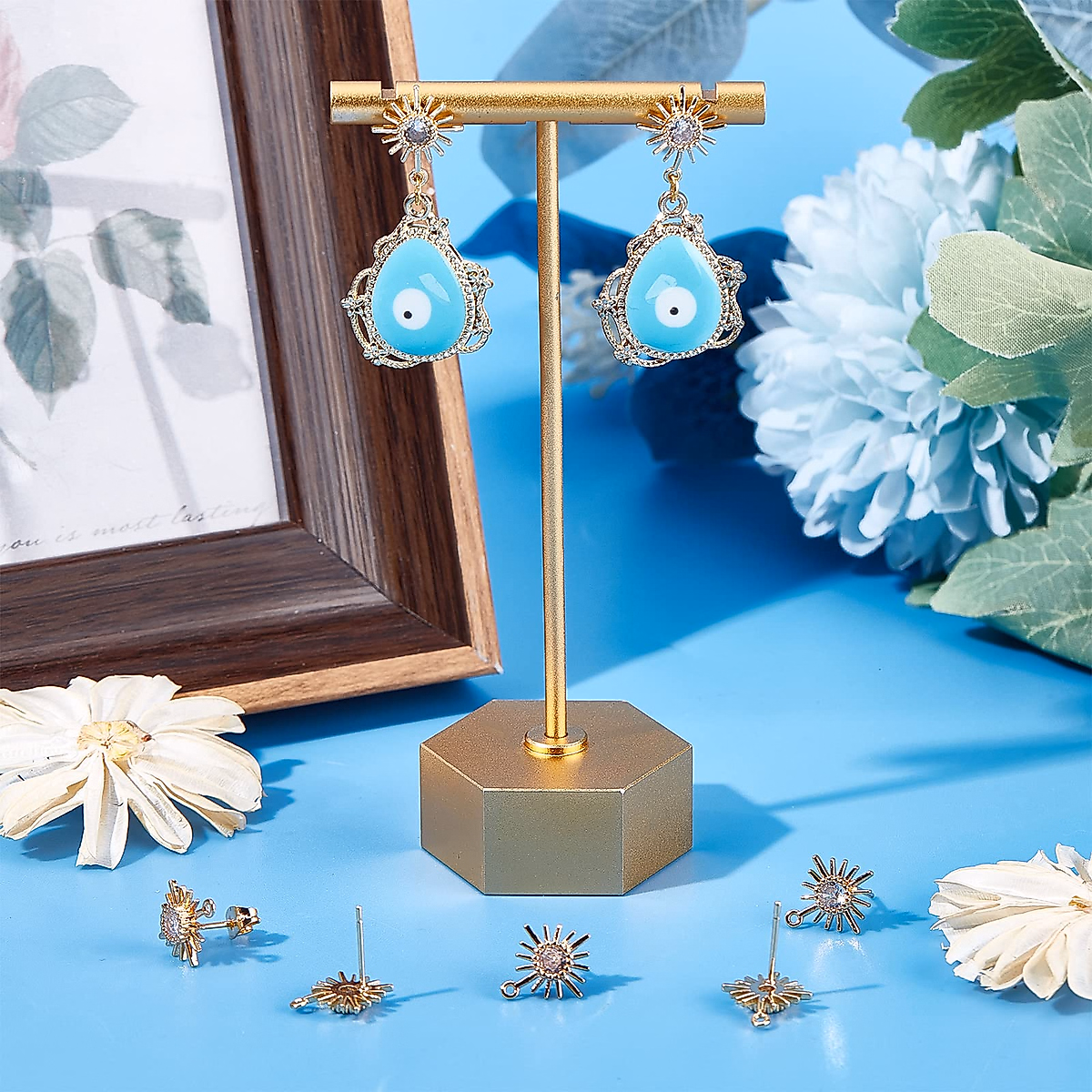 Beebeecraft 10Pcs/Box 18K Gold Plated Sun Earring Findings Cubic Zirconia Earring Posts with Sterling Silver Pins and Butterfly Earring Backs for DIY Earring Jewelry Making