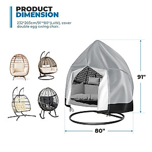 Patio Hanging Double Egg Chair Cover, 91x80 Inches Extra Large Waterproof Double Egg Chair Cover for Outdoor Furniture, Heavy Duty Swing Hanging Egg Chair Cover for Outdoor Porch Wicker Egg Chair