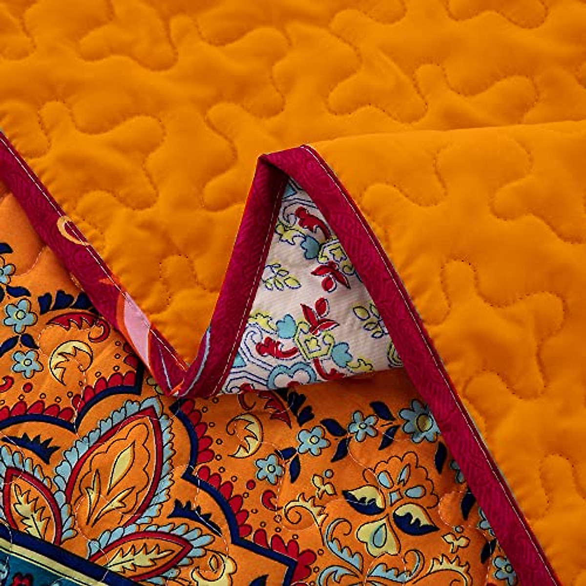 Boho Queen Quilt Set, Orange and Blue Bohemian Queen Quilt Bedding Set, Lightweight Bed Decor Bedspread for All Season 96"x90"(3 Pieces)