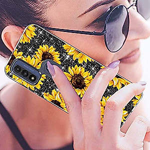 DDTKZC for Motorola G Pure Case,Moto G Pure Case, Tempered Glass Protector Lustre Pattern-Sparkle 3 in 1 Clear Shockproof Case for Moto G Pure (Yellow Sunflower)