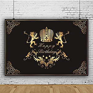 CSFOTO 7x5ft Polyester Happy Birthday Backdrop for Men Black Gold Birthday Banner Lion Birthday Backdrop King Crown Backdrop Lion Birthday Party Supplies Men Birthday Background