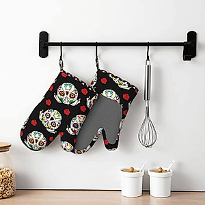 Oven Mitts Heat Resistant Silicone and Polyester Pug Sugar Skull Print Kitchen Mitts Thick Oven Gloves for Cooking, BBQ, Baking, Grill, Pizza Pair