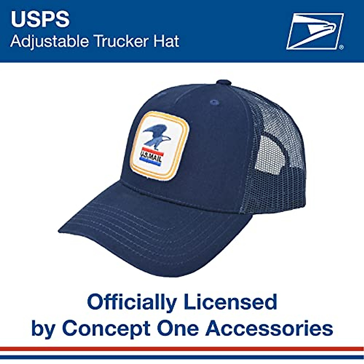 U.S. Mail Trucker Hat, USPS Eagle Embroidered Logo Adjustable Adult Snapback Cap with Curved Brim, Navy Blue, One Size