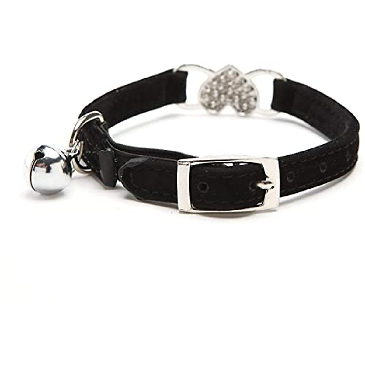 CHUKCHI Pink Soft Velvet Safe Cat Adjustable Collar with Crystal Heart Charm and Bells 8-11 Inches(Black+Pink)