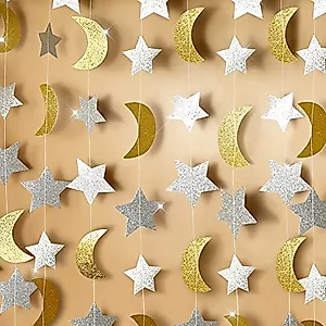 Cute Small Gold Silver Star Moon Garlands Glitter Twinkle Star Garlands Streamer for Kids Birthday/Bday Party Baby Shower Wedding Anniversary Engagement Graduation Gold Silver Party Decorations