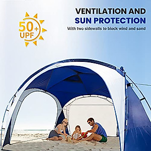 UNP Easy Beach Tent 12 X 12ft Pop Up Canopy UPF50+ Tent with Side Wall, Ground Pegs, and Stability Poles, Sun Shelter Rainproof, Waterproof for Camping Trips, Backyard Fun, Party Or Picnics(Blue)
