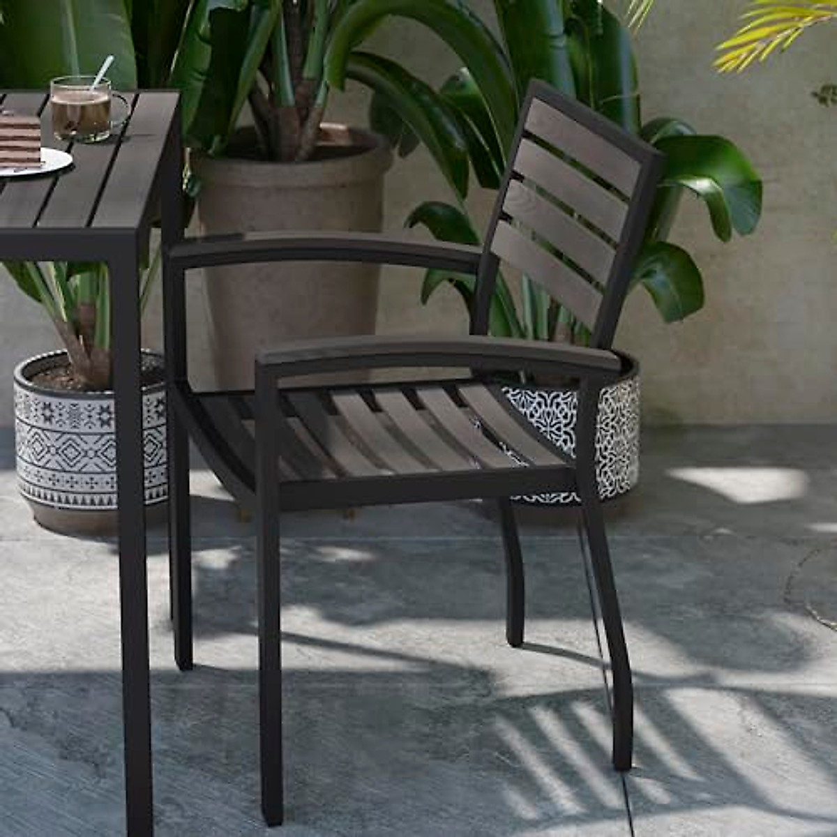 Flash Furniture Lark Set of 2 Stackable Aluminum Patio Chairs - All-Weather Black Framed Side Chairs with Gray Wash Faux Teak Slats - Commercial Grade