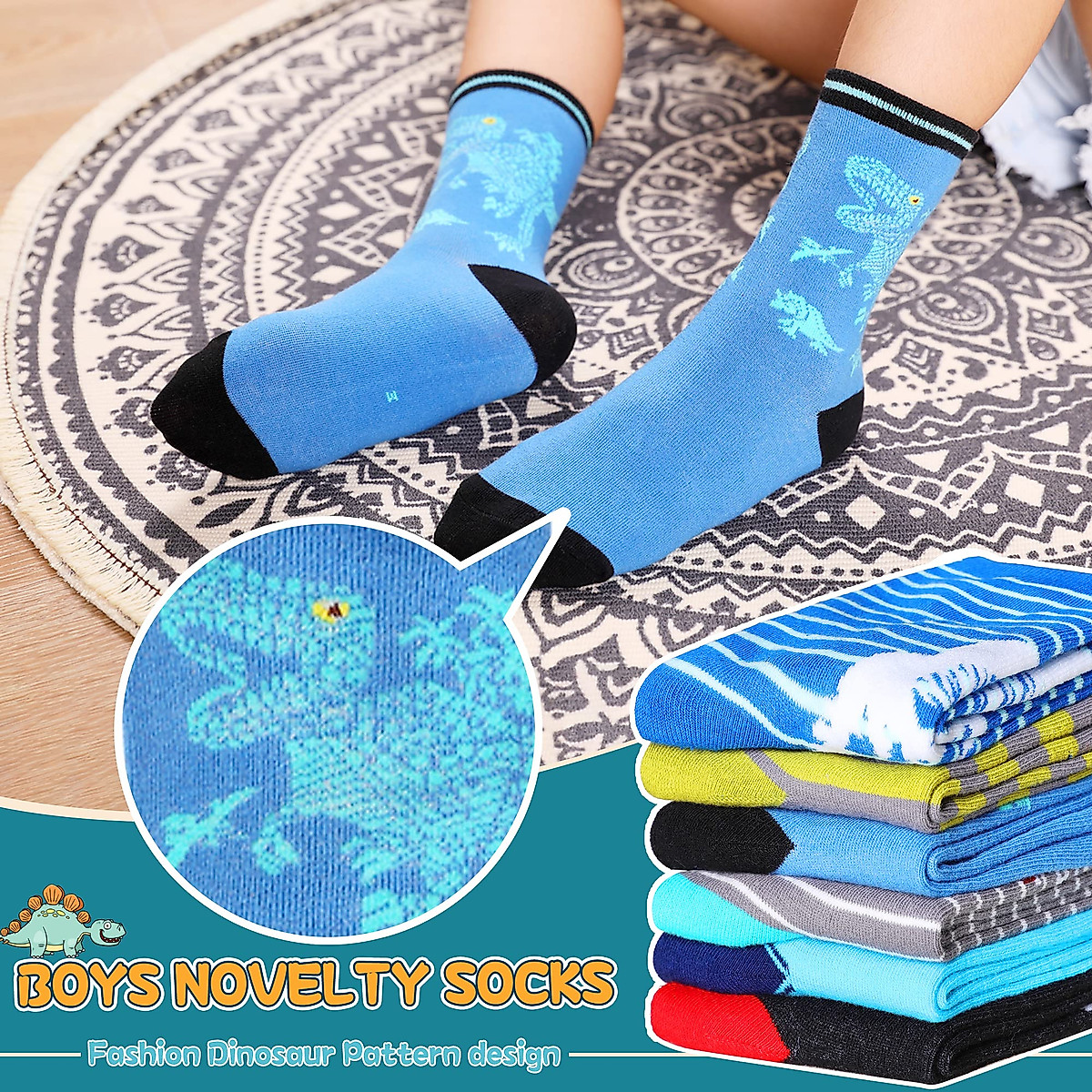 SeeyAN Boys Socks Kids Funny Cotton Novelty Crew Cartoon Space Dinosaur Crazy Socks 6 Pairs (6 Pairs Dinosaur, 6-8 Years)