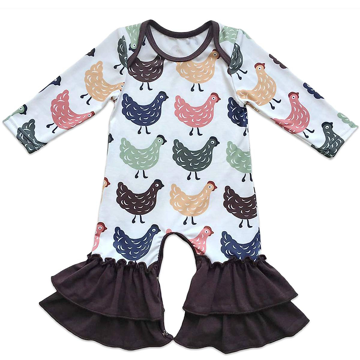 IBTOM CASTLE Baby Girls Icing Ruffle Jumpsuit Leggings Cotton Long Sleeve Floral Ruffles Christmas Romper for Kids Pajamas Birthday Outfit White+Brown+Chicken 3-6 Months