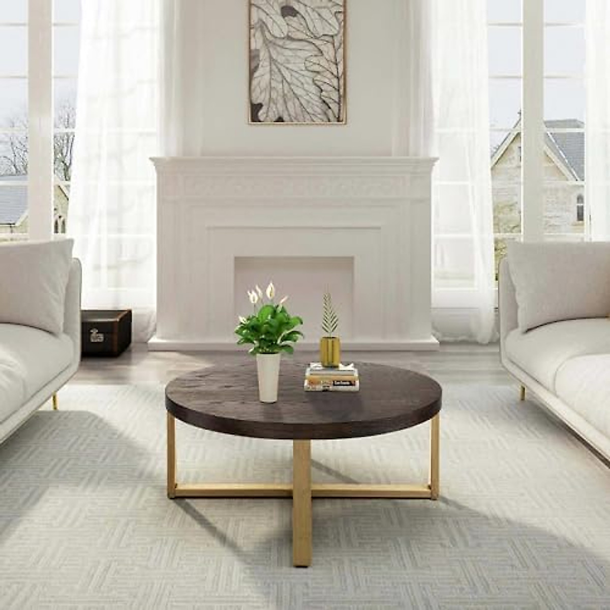 Savonnerie Round Coffee Table, Wood Top and Gold Painting Legs, 36" D x 16" H