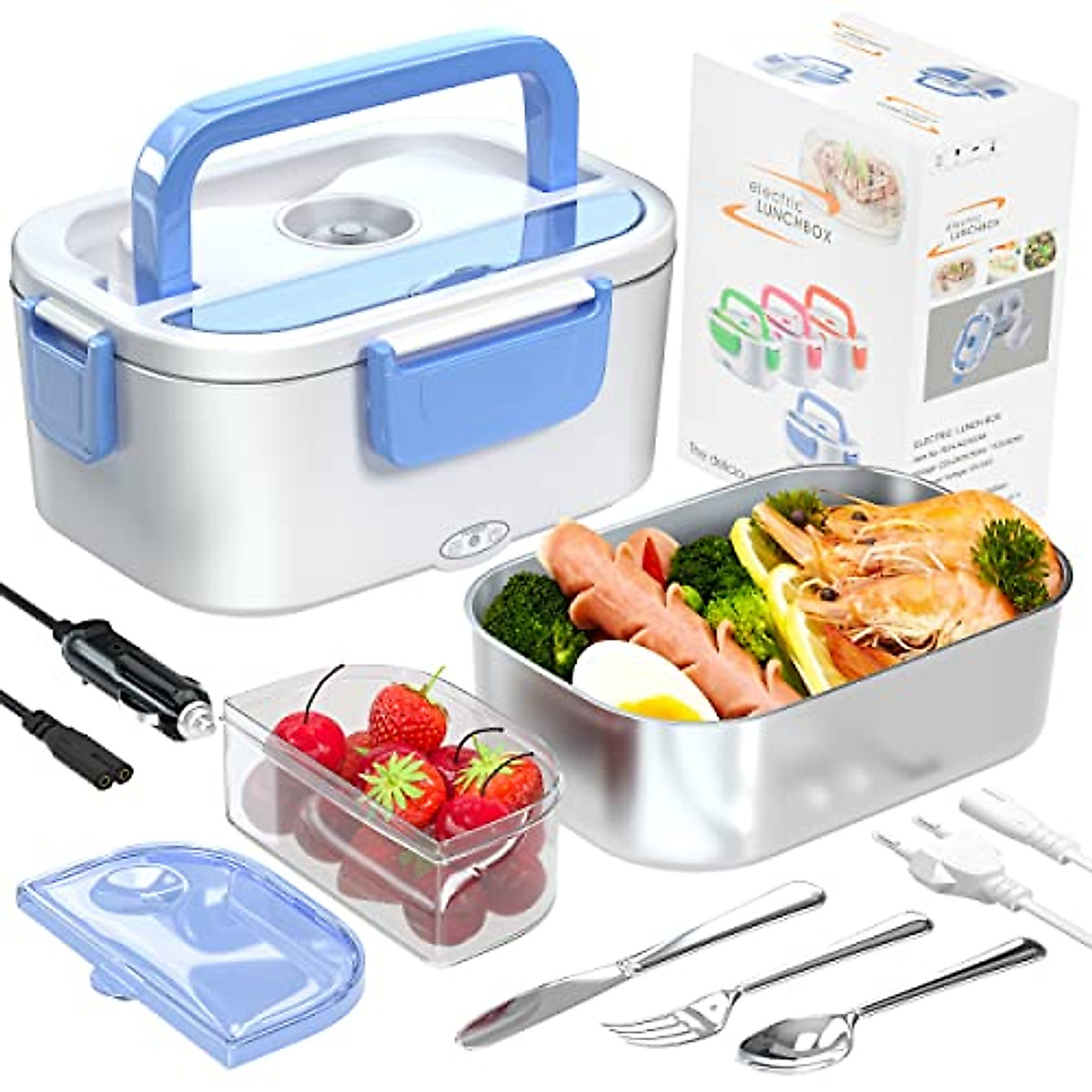 Nifogo Electric Lunch Box Portable 3 In 1 Food Warmer for Car Food Heater 12V 24V 110V 3 in1 Portable Microwave for Car and Home with Detachable 304 Stainless Steel Container and Spoon