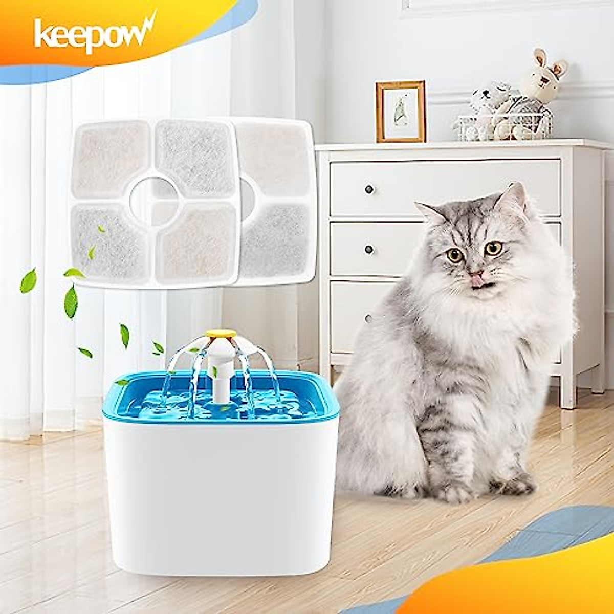 KEEPOW Cat Fountain Filter, 6 Pack Pet Filter Replacement for 84oz/2.5L Square Cat Fountain Dog Water Dispenser, Triple Filtration System