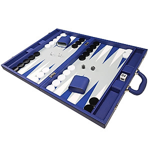 19-inch Premium Backgammon Set - Large Size - Indigo Blue Board, White and Navy Blue Points