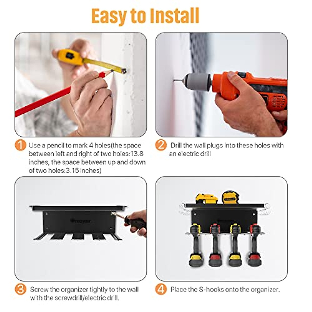 Ensayeer Power Tool Organizer, Cordless Drill Storage, Drill Holder Storage Wall Mount Shelf Rack, Charging Station to optimize Garage Organization and Power Tools Storage