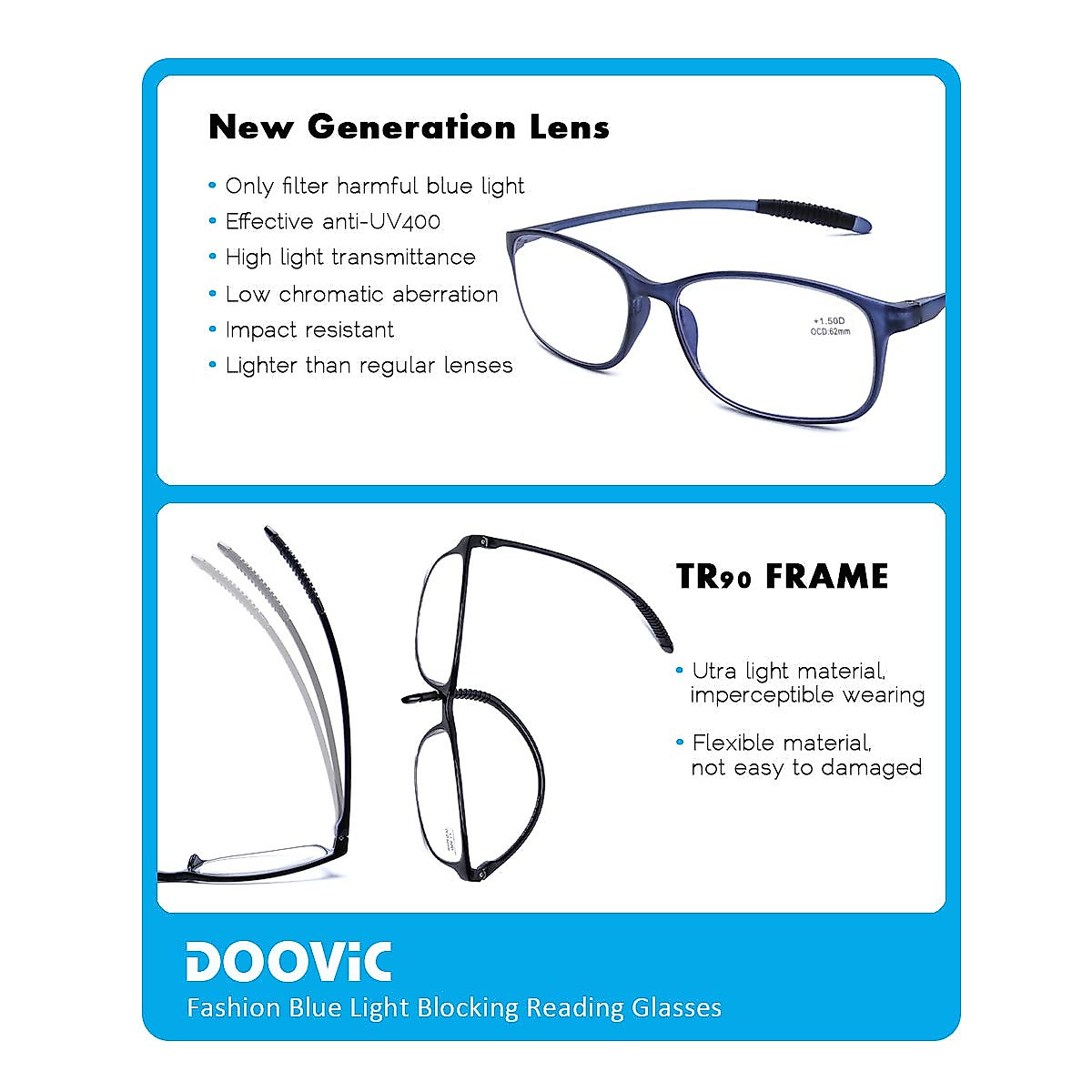 DOOViC Reading Glasses 4 Pack Blue Light Blocking Anti Eyestrain Flexible Lightweight Computer Readers for Men Women 1.75 Strength